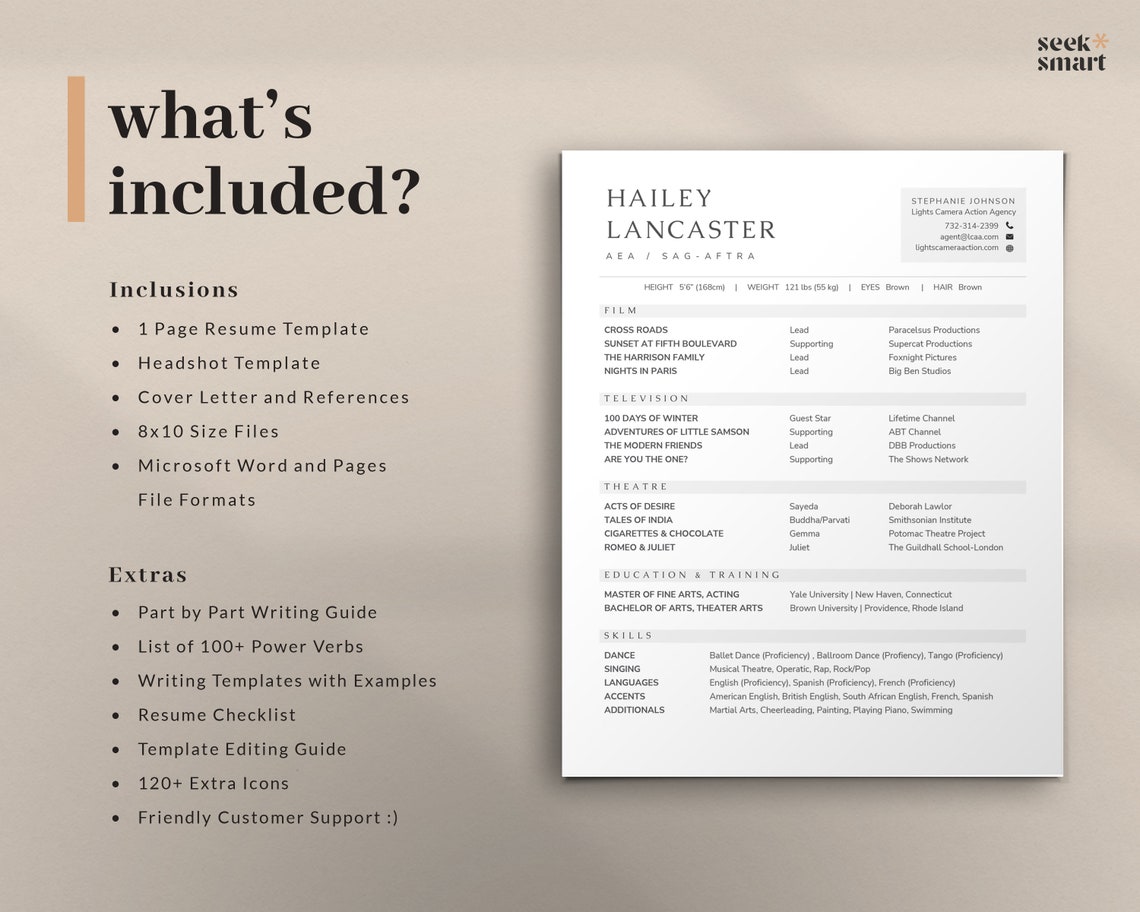 Actor Resume Template With Headshot and Cover Letter 8x10 Size, Theatre ...