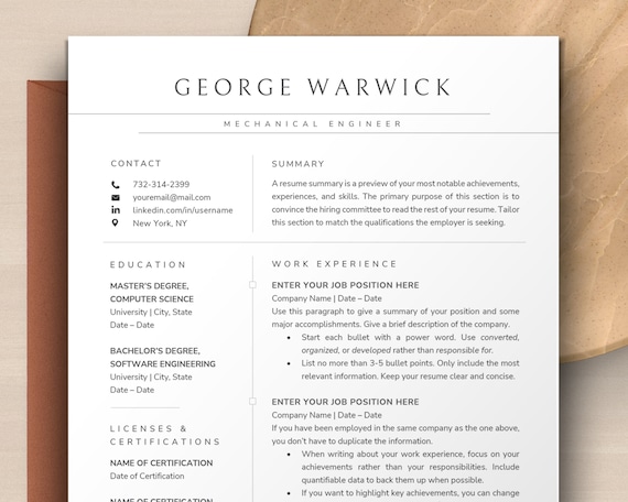 Engineer Resume Template Word Google Docs Apple Pages Mac - Etsy