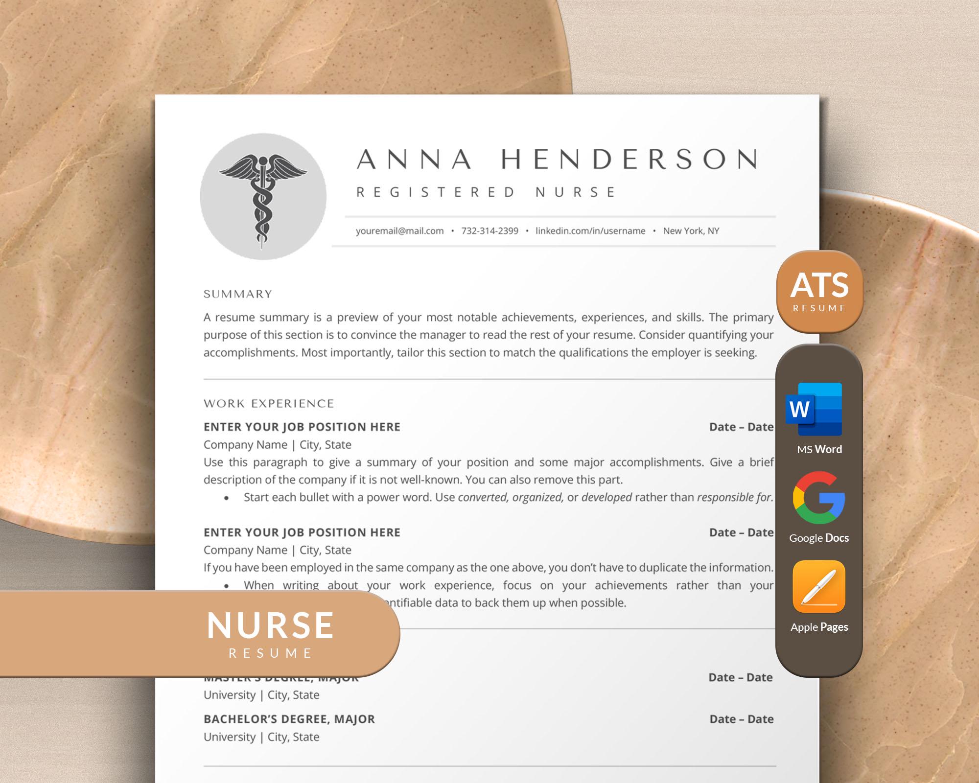 Nurse Resume Template Word, Google Docs, Apple Pages | Nurse Resume ATS ...
