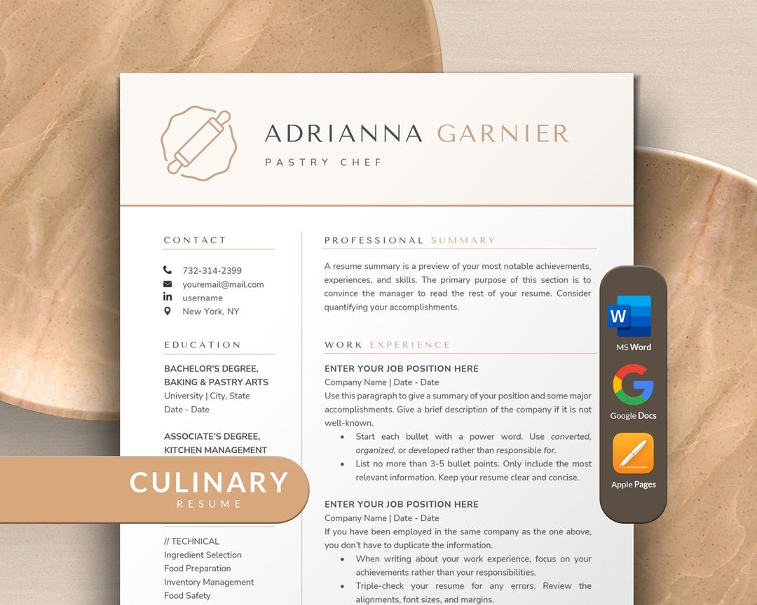 Pastry Chef Resume Template, Baker Resume Template, Pâtissière Resume ...