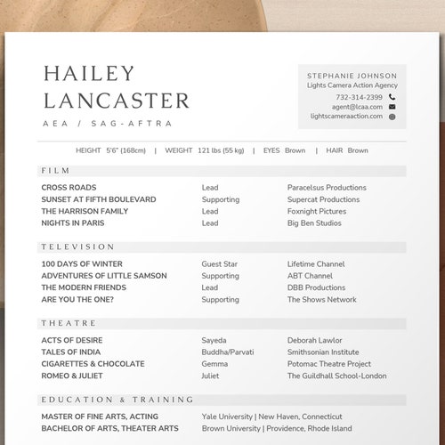 Actress & Actor Resume Template With Photo for Word Acting - Etsy