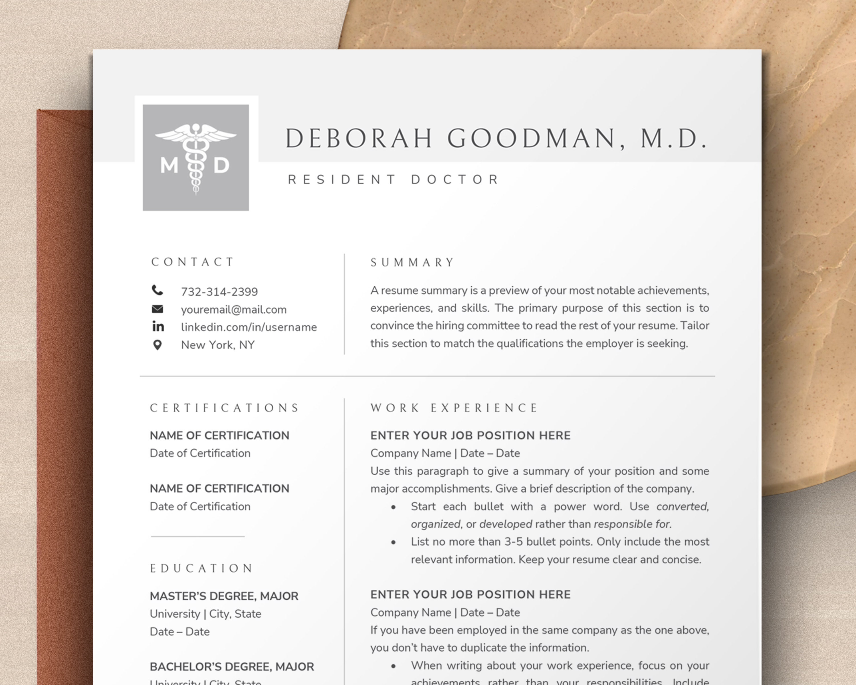 Medical Doctor Resume Template Word, Apple Pages Mac, One 1 Two 2 Page ...