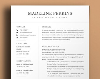 Teacher Resume Template Word | Etsy