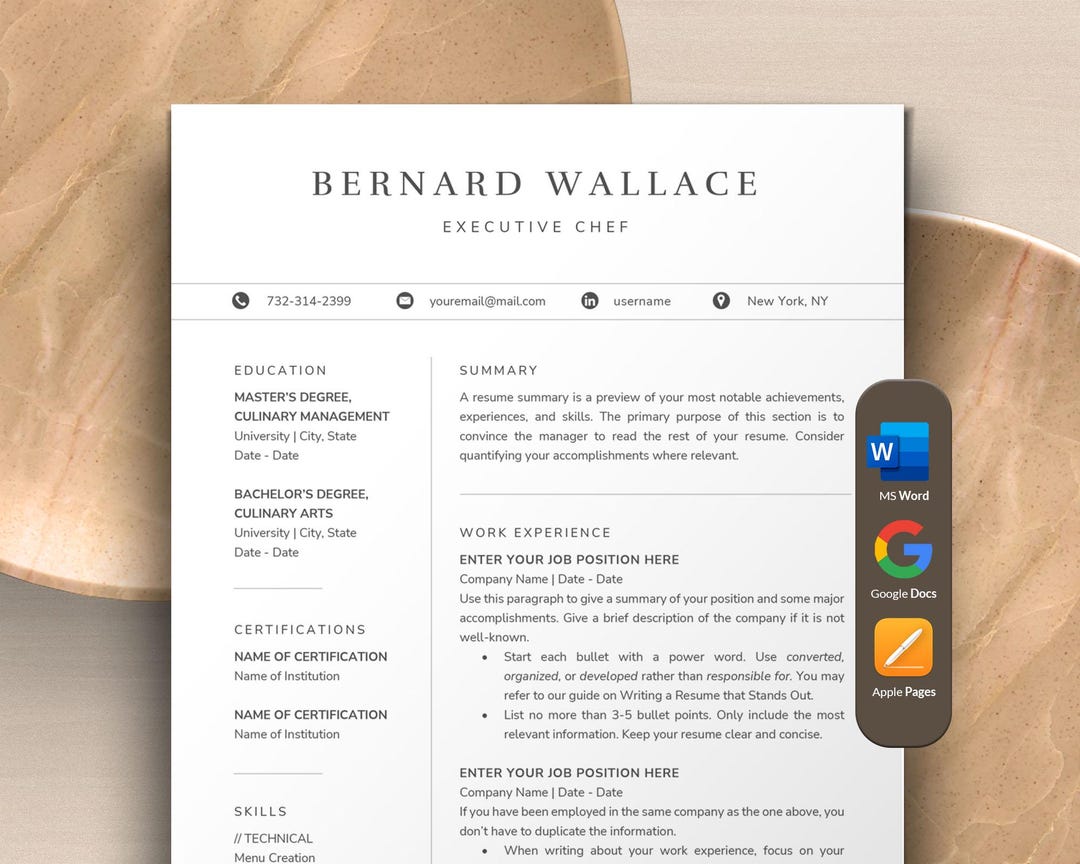 Chef Resume Template Word, Google Docs, Apple Pages Mac | Restaurant ...