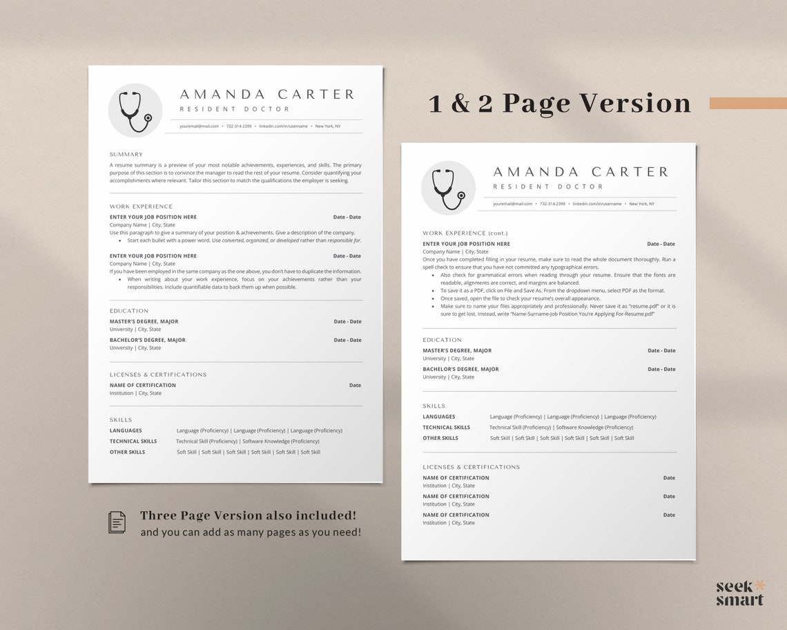 Doctor Resume Template Word, Google Docs, Apple Pages | Medical Resume ...