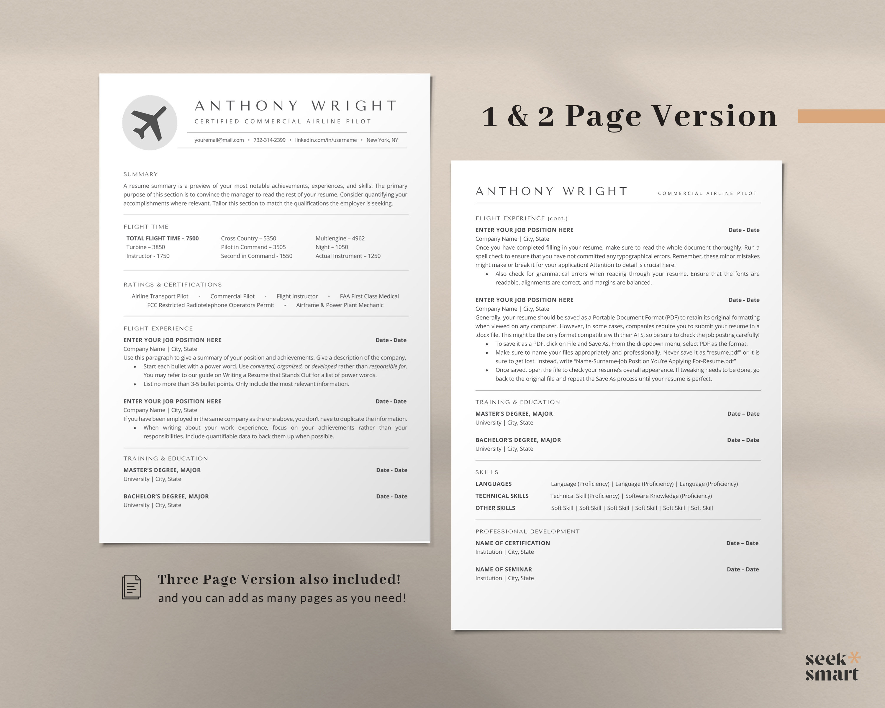 Pilot Resume Template Word, Google Docs, Apple Pages Mac | ATS Friendly ...