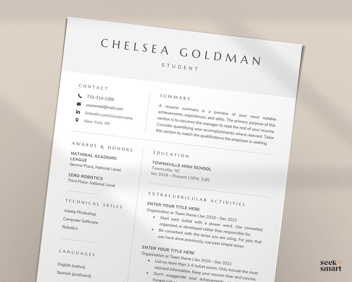 Student Resume Template Google Docs for Internship No | Etsy Canada