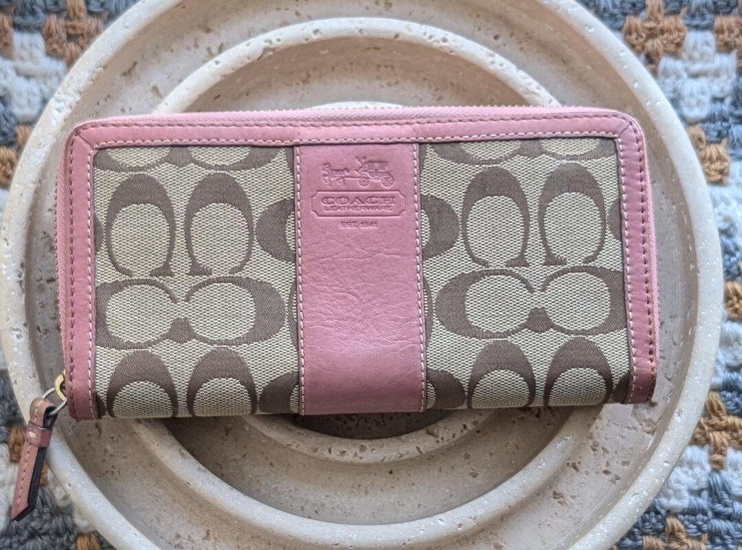 Vintage Coach Pink Leather Signature Canvas Zip Around Long Wallet - Etsy