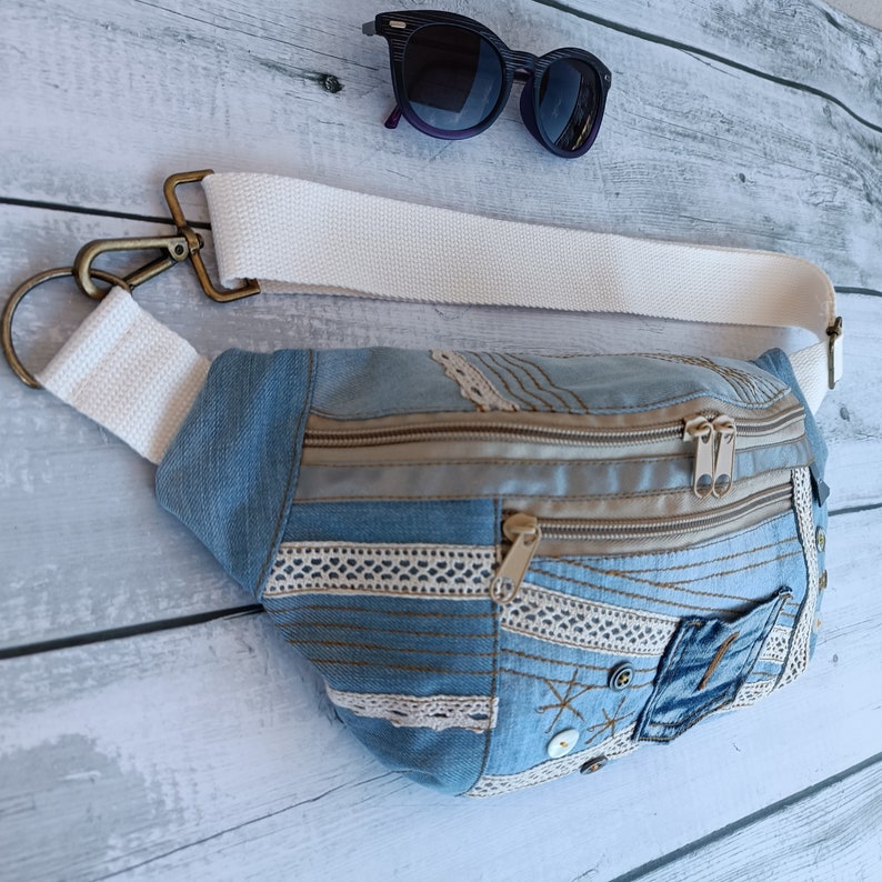 Fanny Pack Made Recycled Denim With Adjustable Belt Strap and Patchwork ...