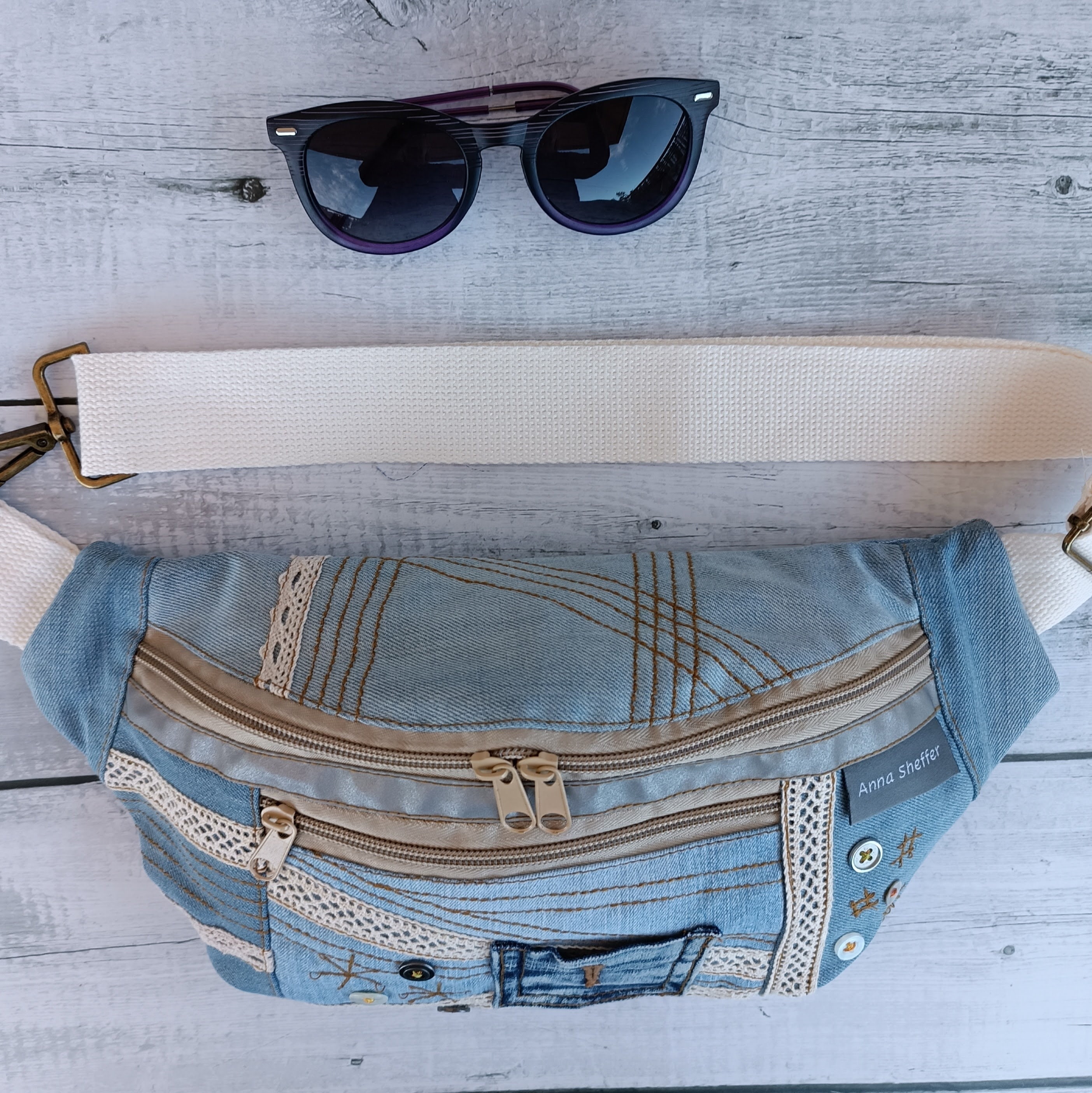 Fanny Pack Made Recycled Denim With Adjustable Belt Strap and Patchwork ...