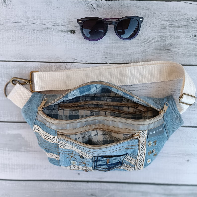 Fanny Pack Made Recycled Denim With Adjustable Belt Strap and Patchwork ...