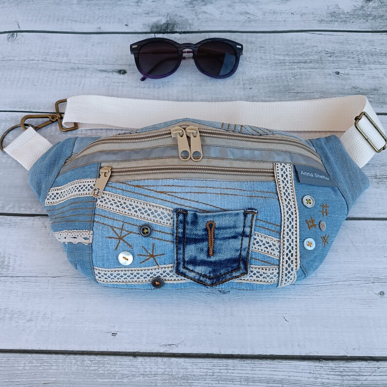 Fanny Pack Made Recycled Denim With Adjustable Belt Strap and Patchwork ...