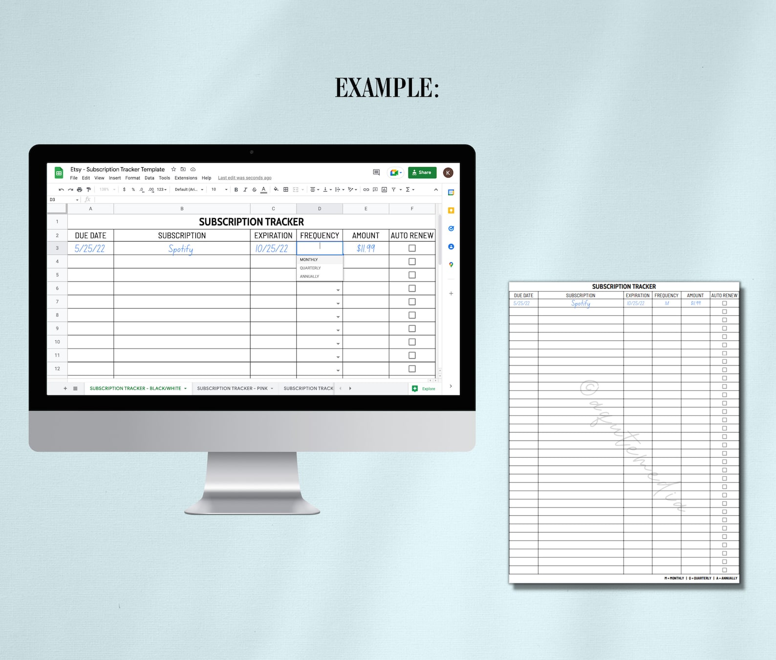 Subscription Tracker Template Printable Subscription Tracker Monthly ...