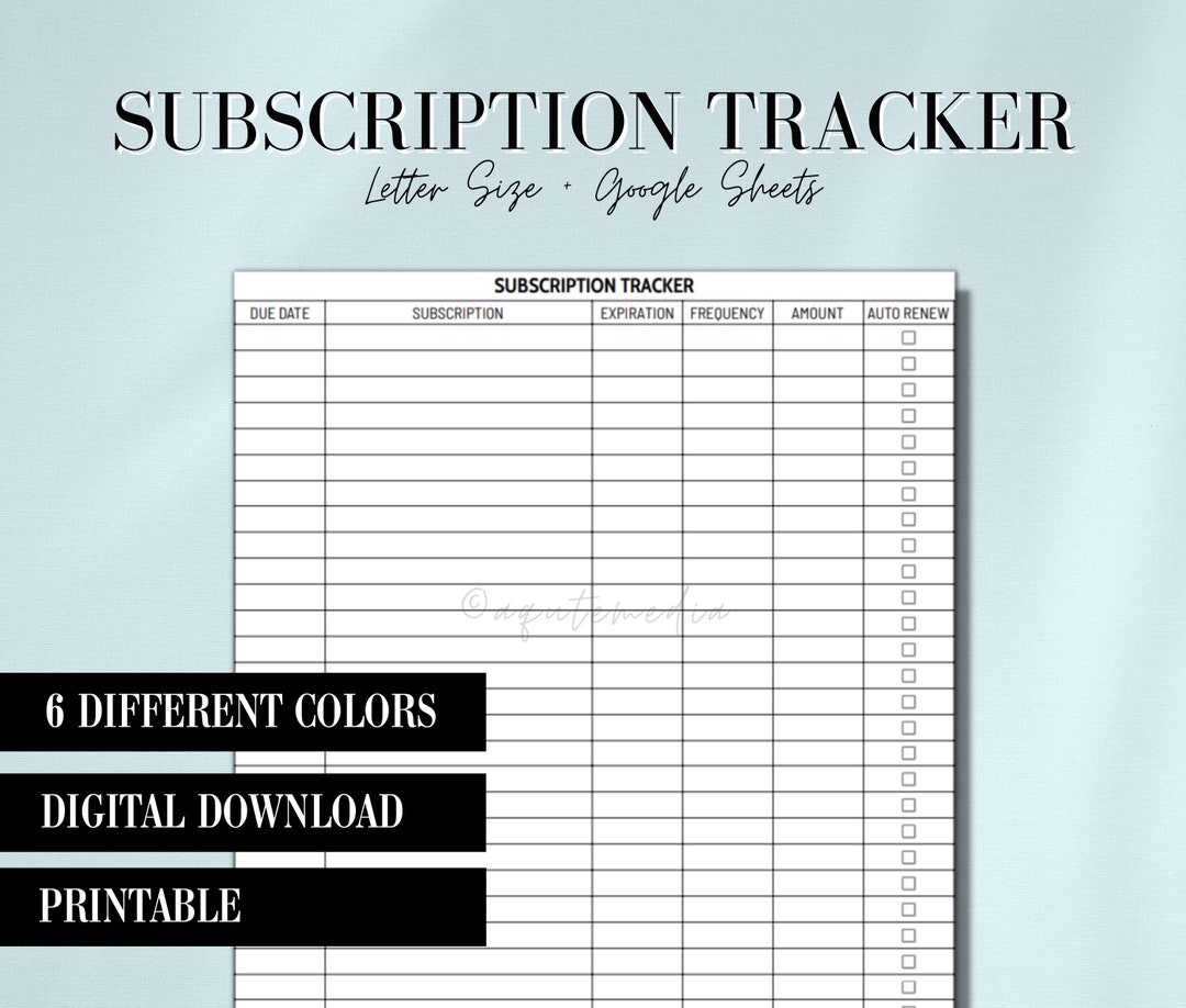 Subscription Tracker Template Printable Subscription Tracker Monthly ...