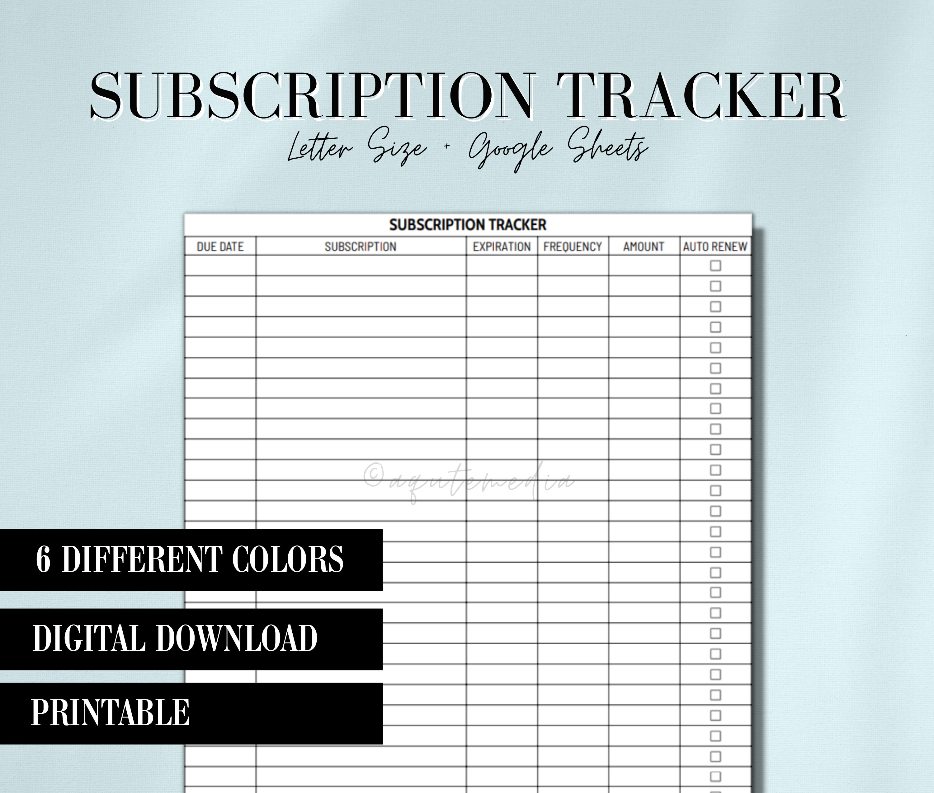 Subscription Tracker Template Printable Subscription Tracker Monthly ...