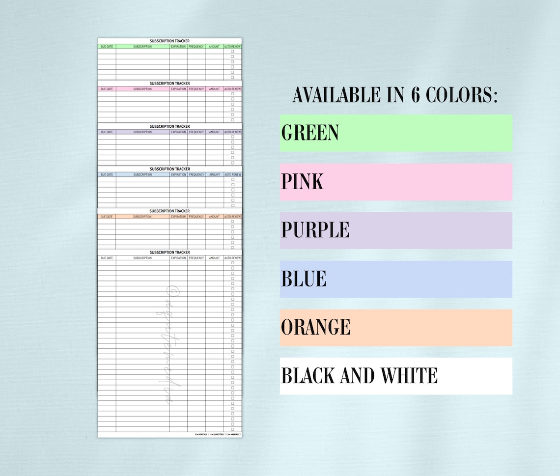 Subscription Tracker Template Printable Subscription Tracker Monthly ...