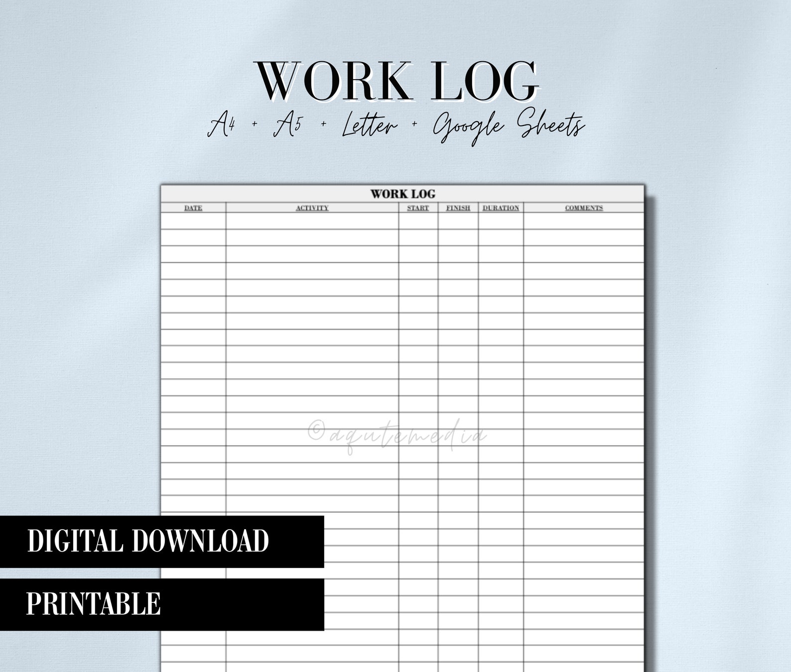 Work Log Template Printable Work Log Activity Sheet Work Tracker ...