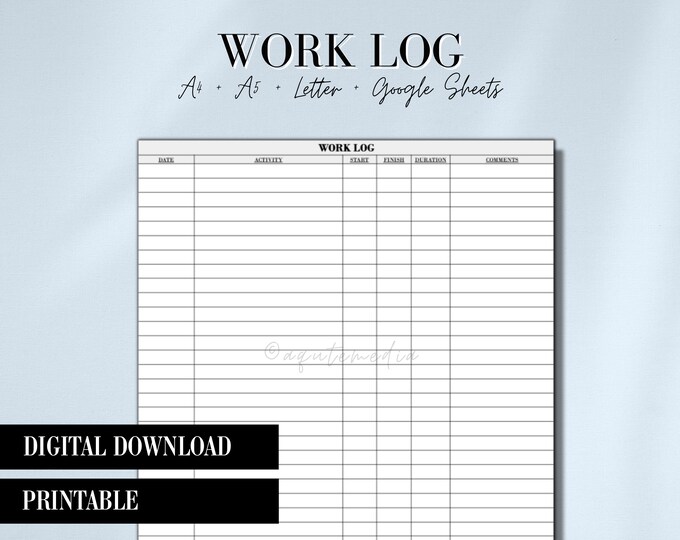 Work Log Template Printable Work Log Activity Sheet Work Tracker ...