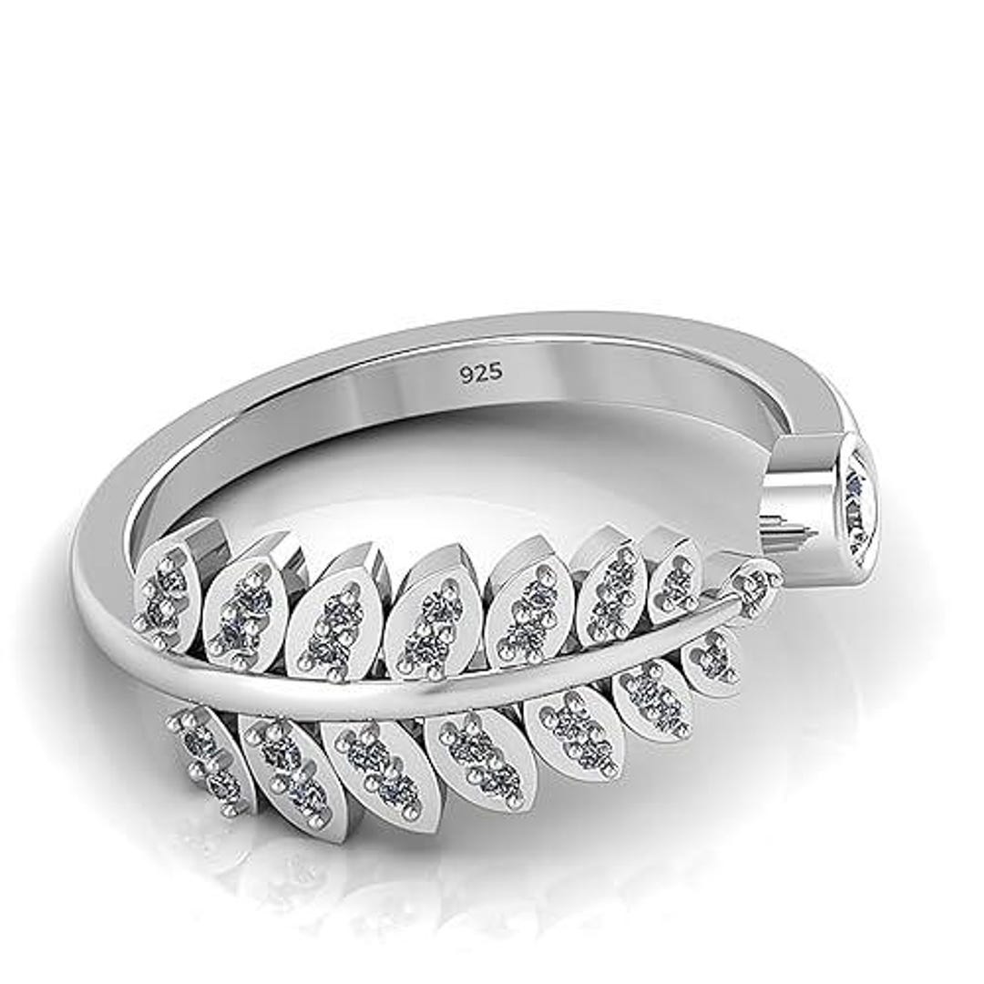 925 Sterling Silver Ring, Leaf Shape Adjustable Ring, CZ Gemstone ...
