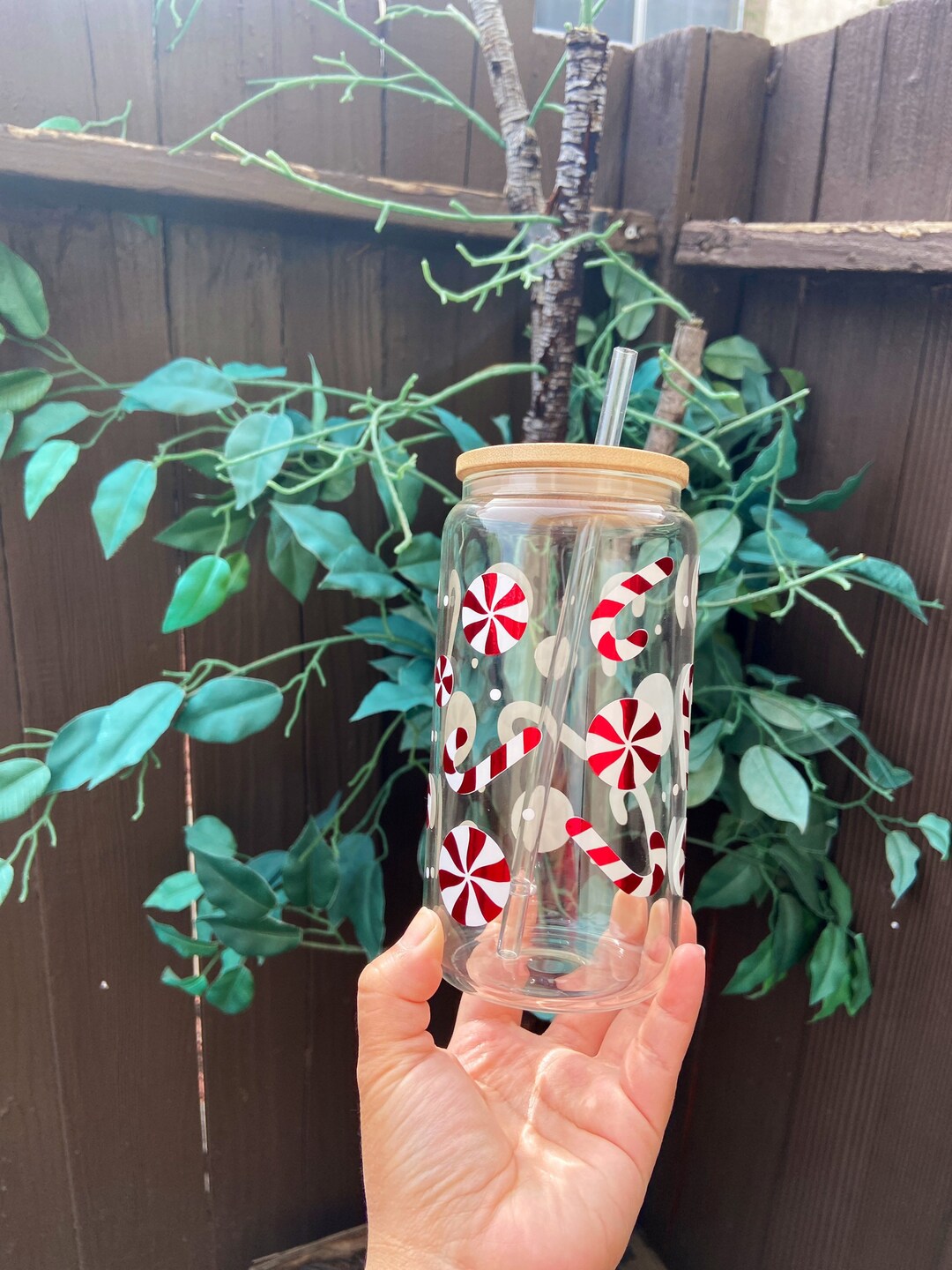 Peppermint Candy Glass Can, Candy Cane Glass Can, 16oz Glass Can With ...