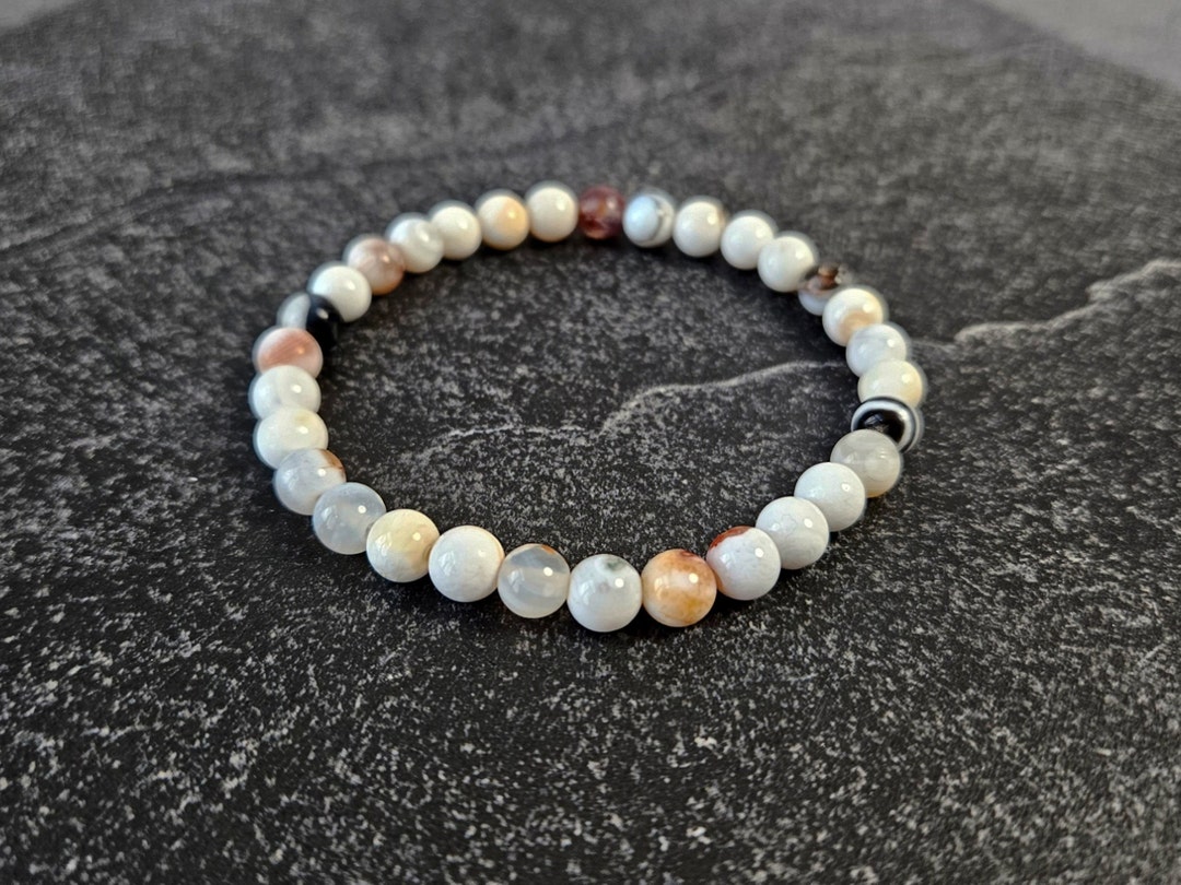 White Fire Agate Bracelet, 6MM Beads, Natural Agate Gemstone, Beaded ...