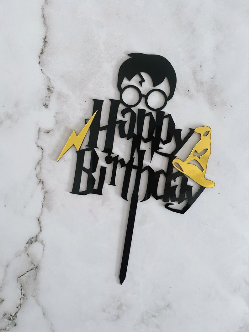 Harry Potter Happy Birthday Cake Topper Sorting Hat Black Gold - Etsy