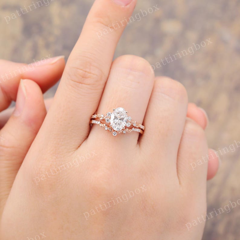 Oval Cut Lab Diamond Engagement Ring Set Vintage Rose Gold Cluster IGI ...