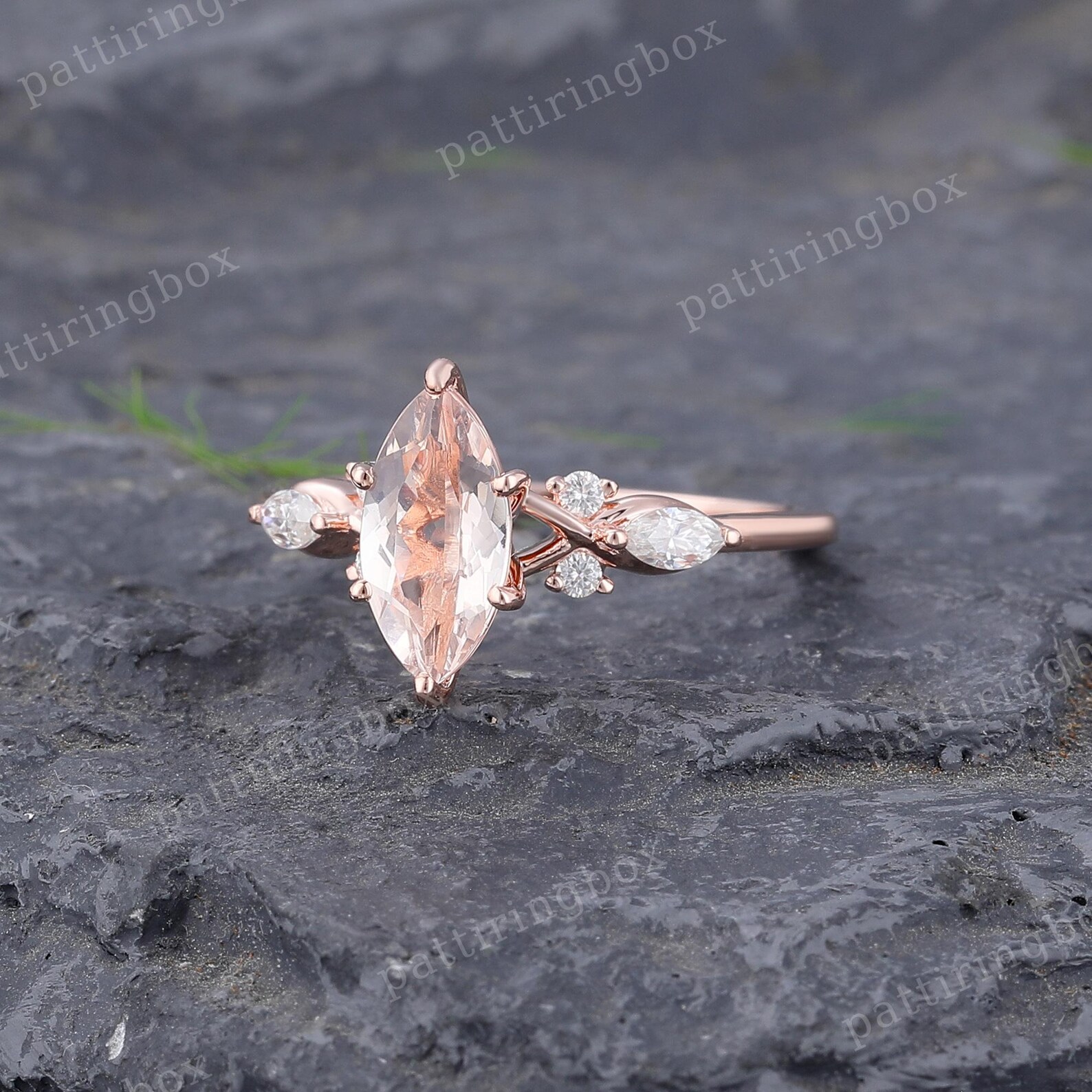 Marquise Cut Morganite Engagement Ring Unique Rose Gold Moissanite ...