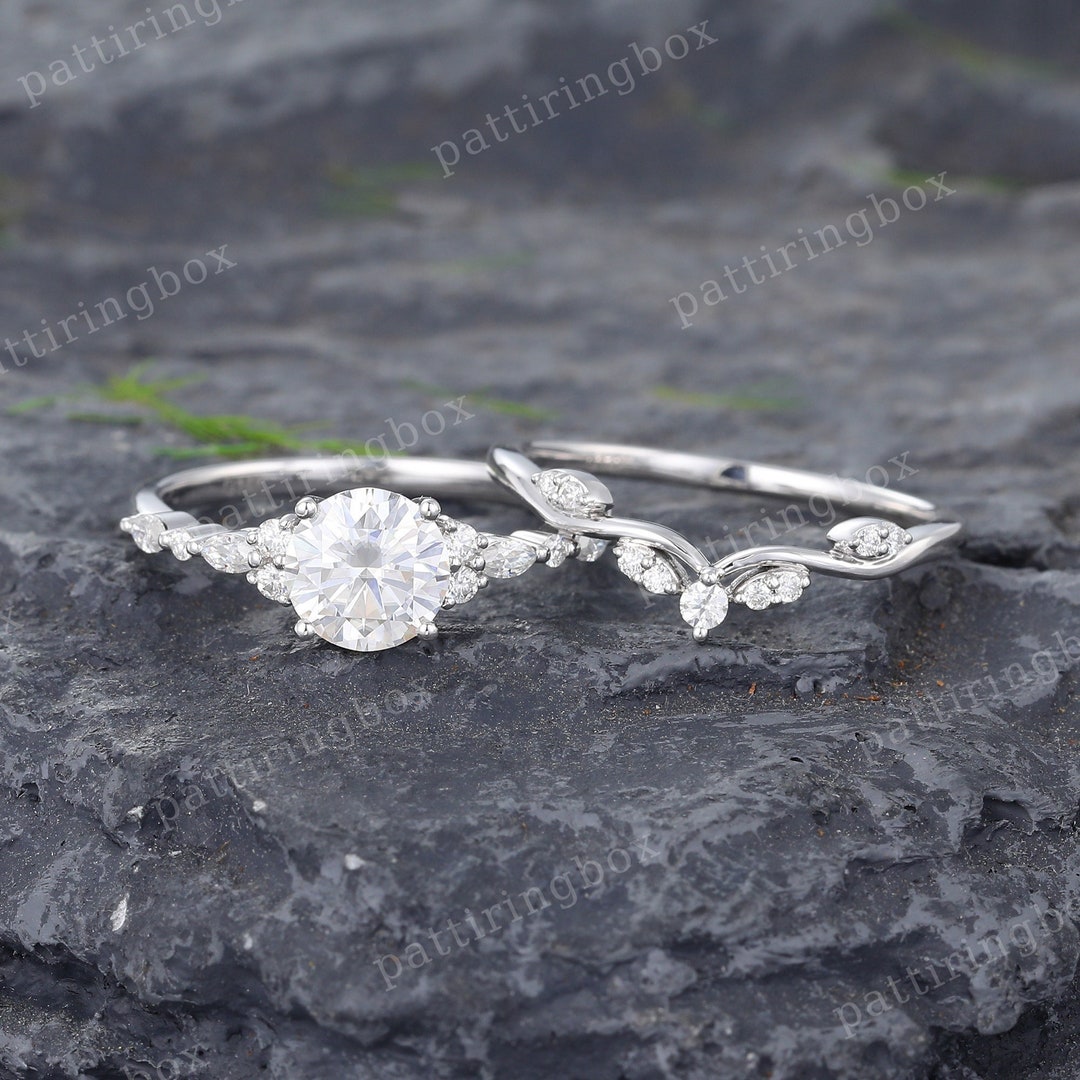 Vintage Moissanite Engagement Ring Set White Gold Engagement Ring ...