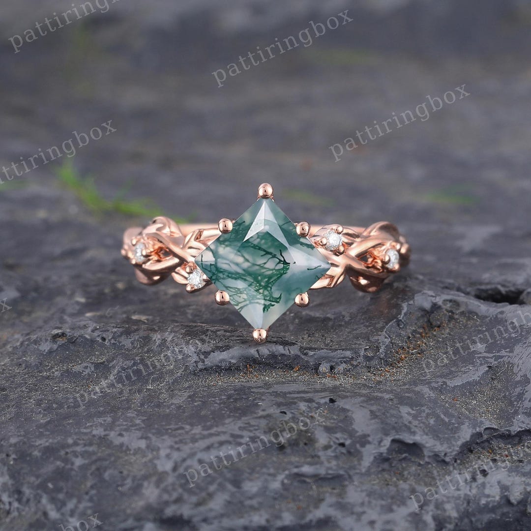 Princess Cut Moss Agate Engagement Ring Unique Rose Gold Moissanite ...