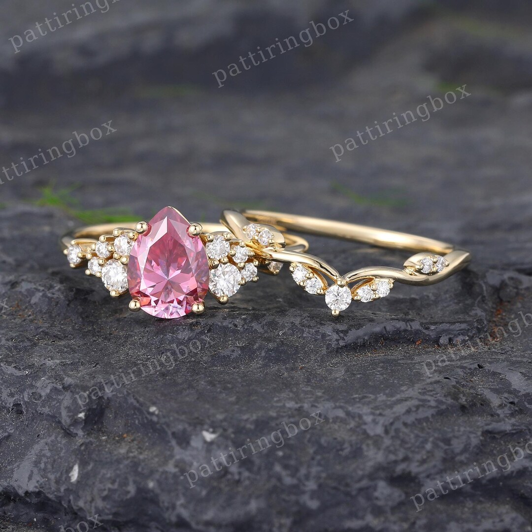 Pear Shaped Pink Moissanite Engagement Ring Set Yellow Gold Engagement ...