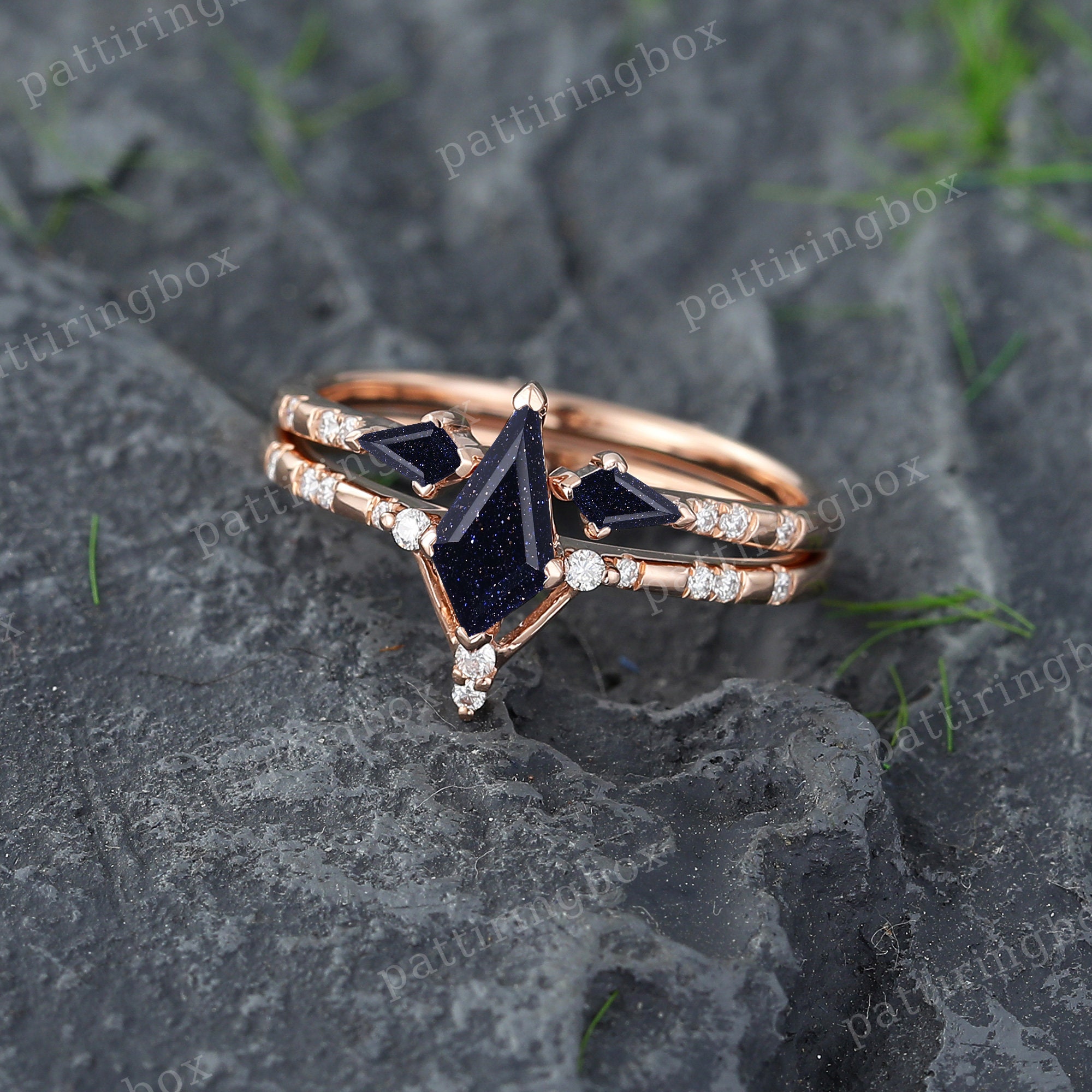 Kite Cut Blue Sandstone Engagement Ring Set Unique Rose Gold - Etsy