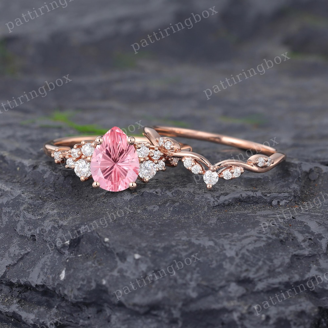 Firework Cut Pink Sapphire Engagement Ring Set Pear Shaped Rose Gold ...