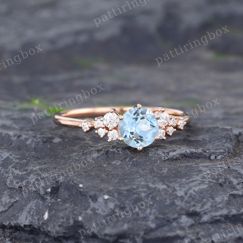 Anillo de compromiso único de aguamarina, anillo de compromiso vintage ...