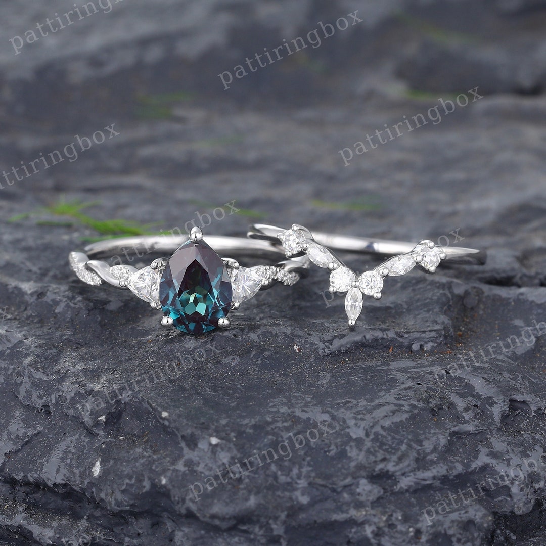 Infinity Alexandrite Engagement Ring Set Pear Cut White Gold Engagement ...