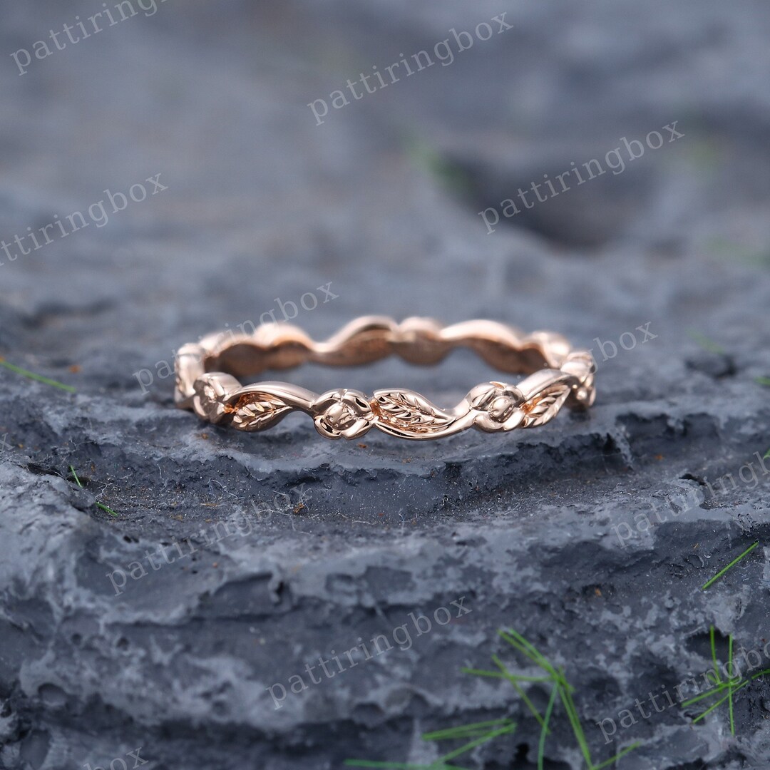 Delicate Wedding Band Simple Rose Gold Wedding Band Art Deco Leaf ...