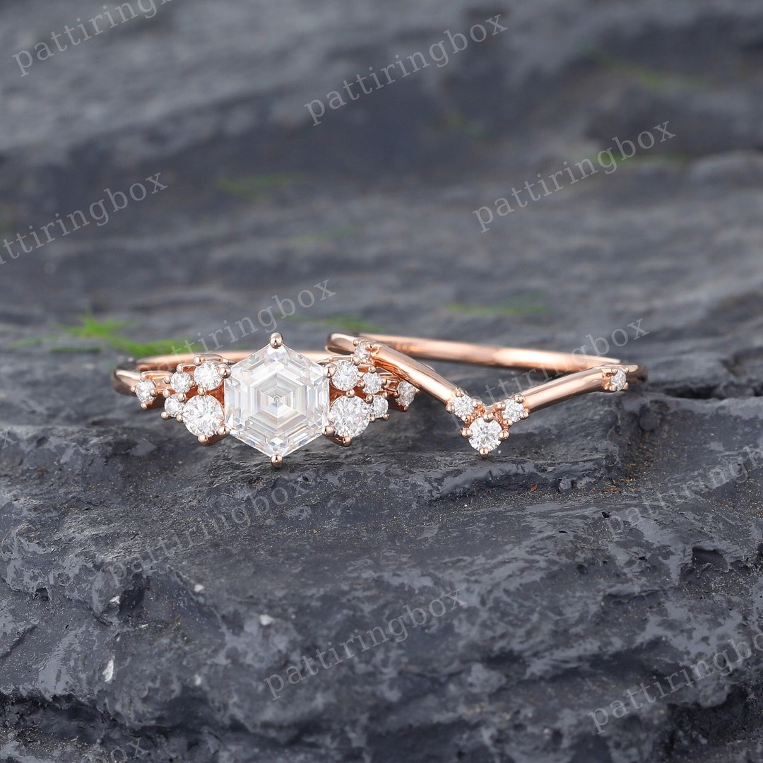 Unique Hexagon Cut Engagement Ring Set Rose Gold Moissanite Engagement Ring Diamond Cluster ...