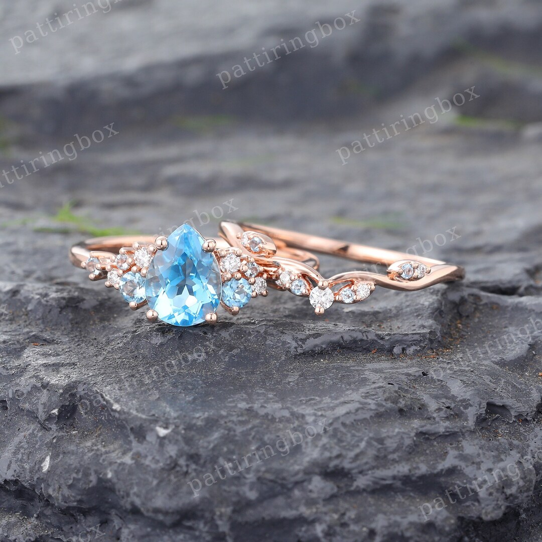 Pear Shaped Swiss Blue Topaz Engagement Ring Set Rose Gold Wedding Ring ...