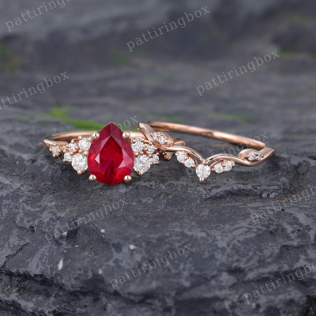 Unique Pear Shaped Ruby Engagement Ring Set Rose Gold Engagement Ring ...