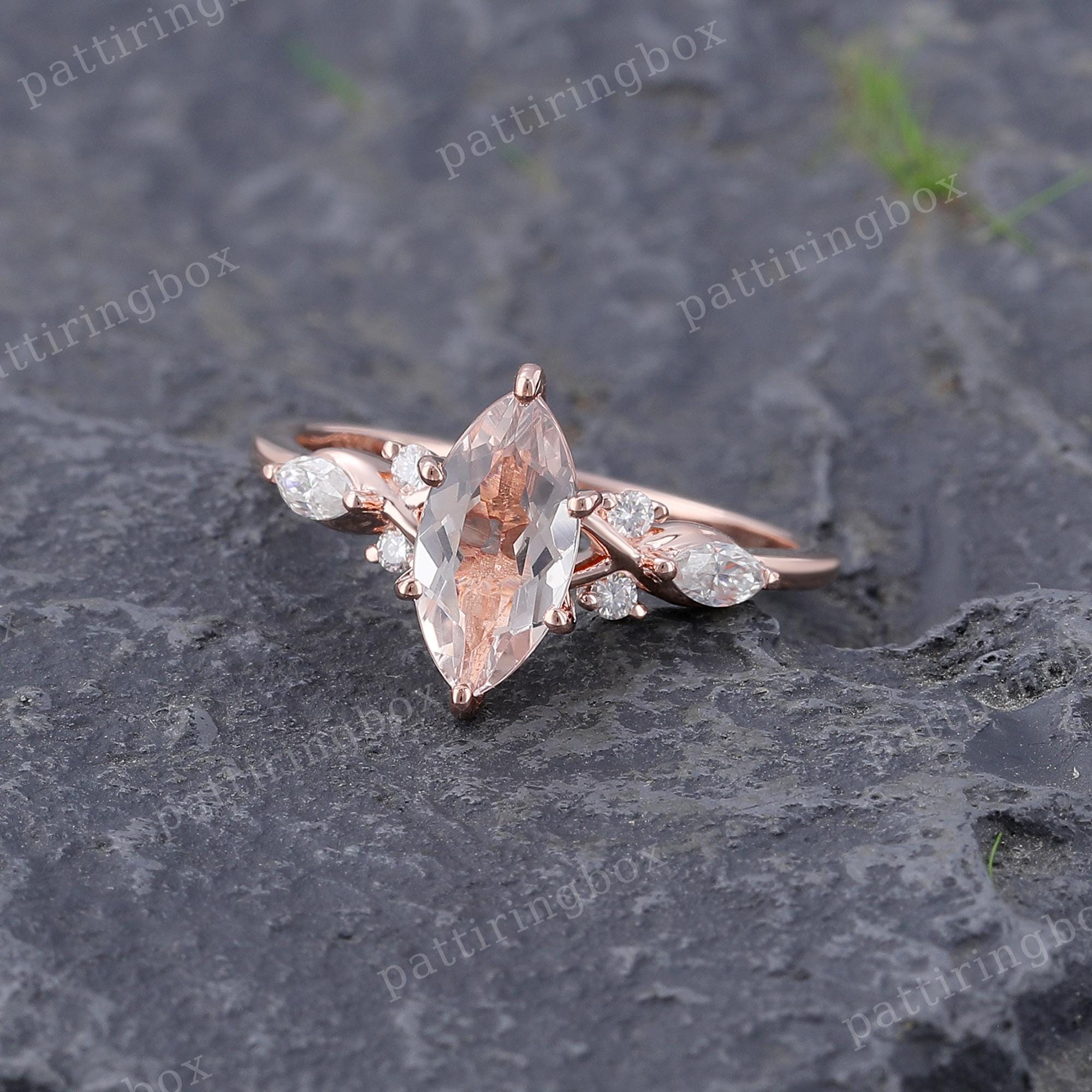 Marquise Cut Morganite Engagement Ring Unique Rose Gold Moissanite ...