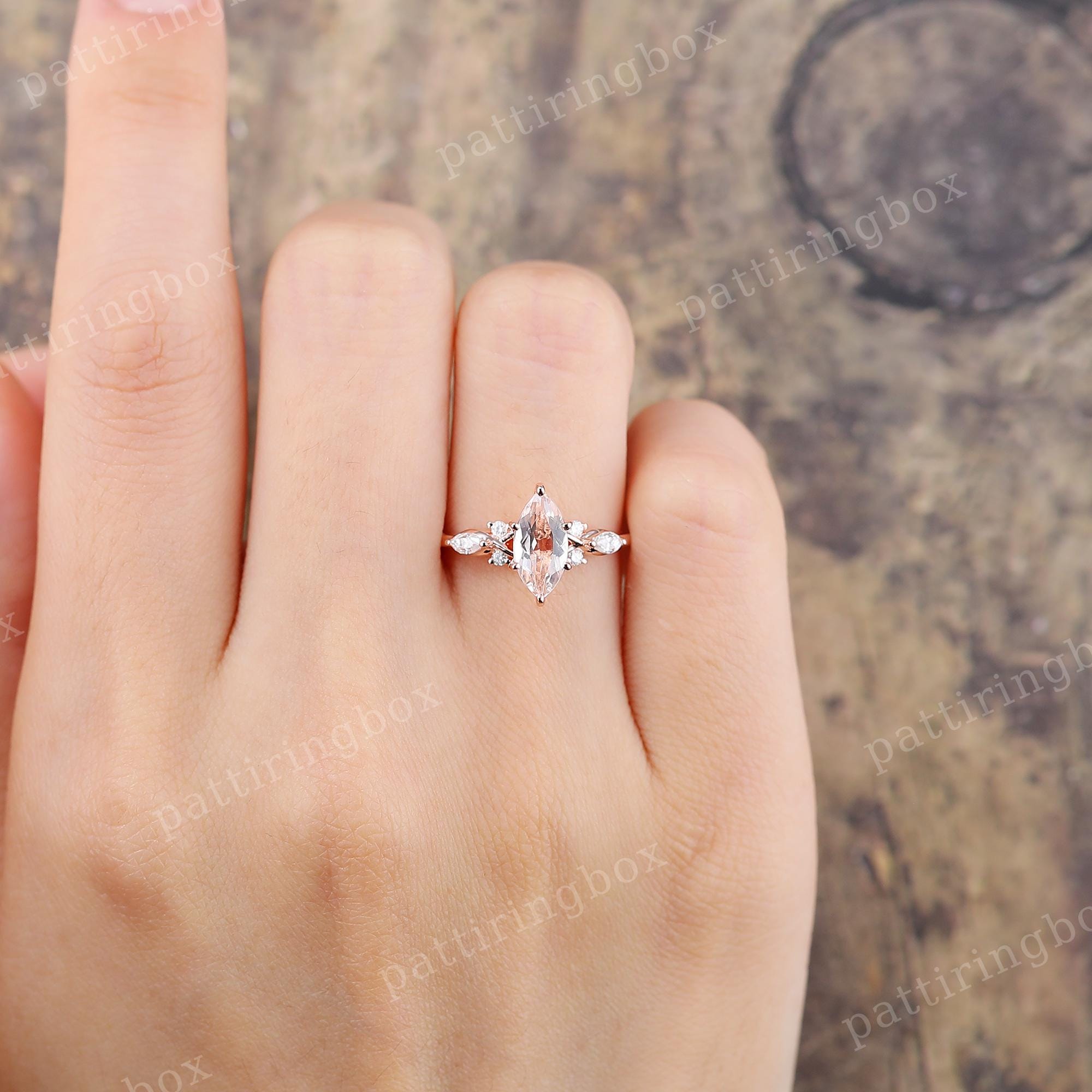 Marquise Cut Morganite Engagement Ring Unique Rose Gold Moissanite ...