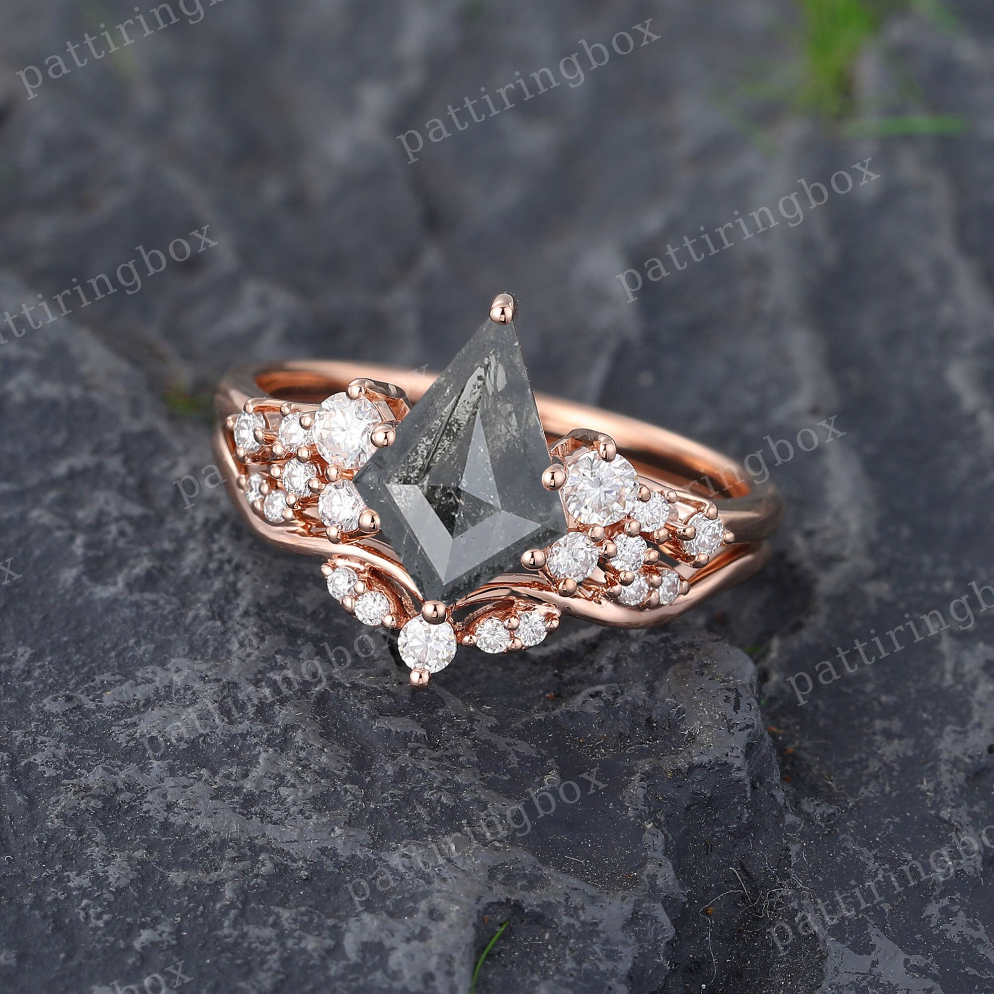 Unique Kite Cut Salt & Pepper Diamond Engagement Ring Set Rose Gold ...