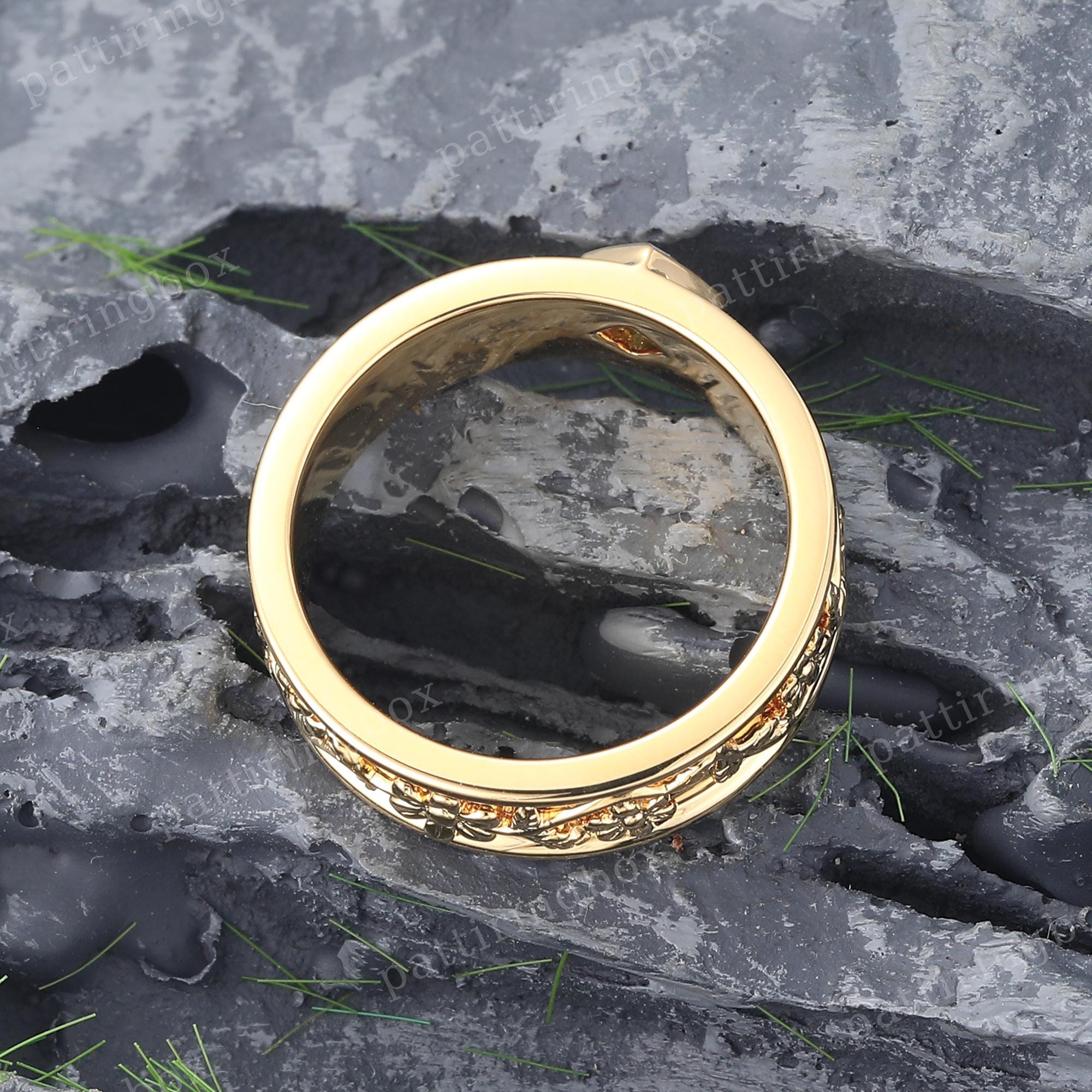 Unique Princess Cut Moss Agate Wedding Band 14k Yellow Gold Filigree ...