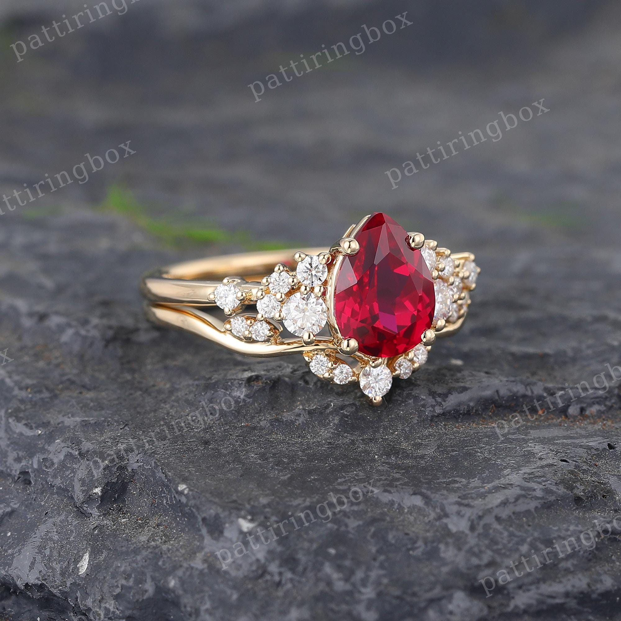 Unique Pear Shaped Ruby Engagement Ring Set Yellow Gold Engagement Ring ...