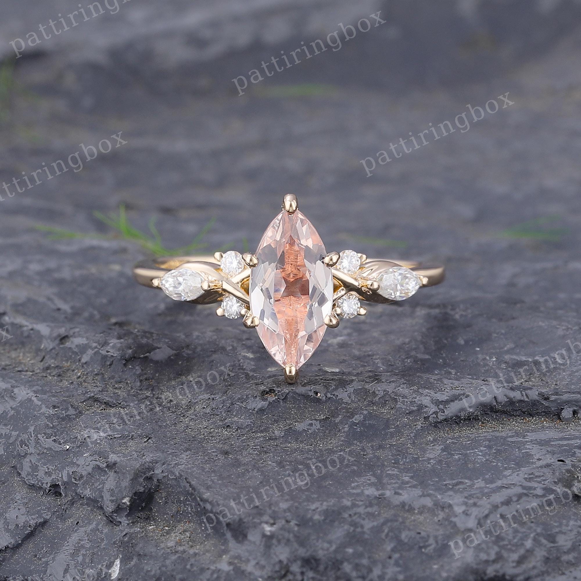 Marquise Cut Morganite Engagement Ring Unique Rose Gold Moissanite ...