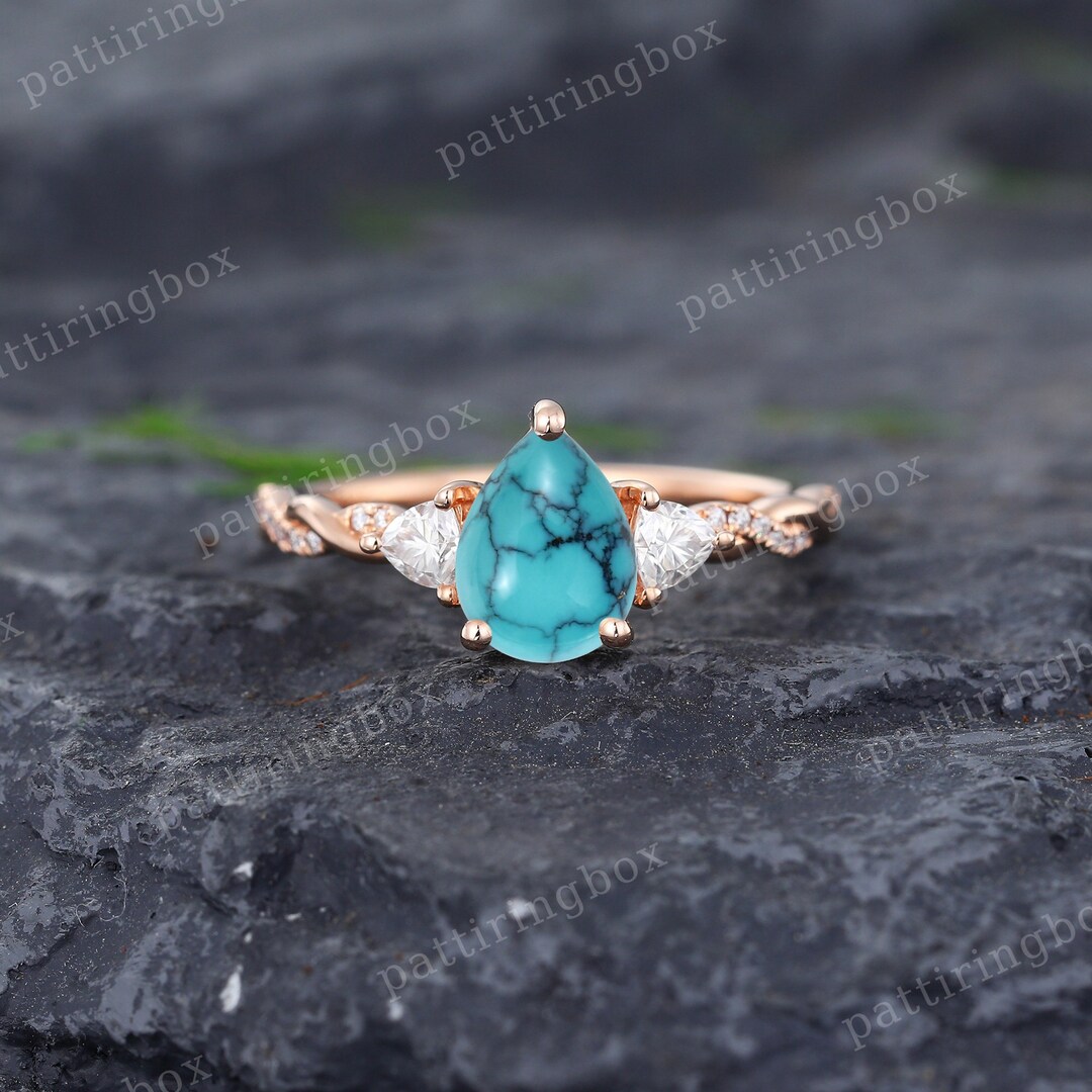 Pear Shaped Turquoise Engagement Ring Rose Gold Engagement Ring ...