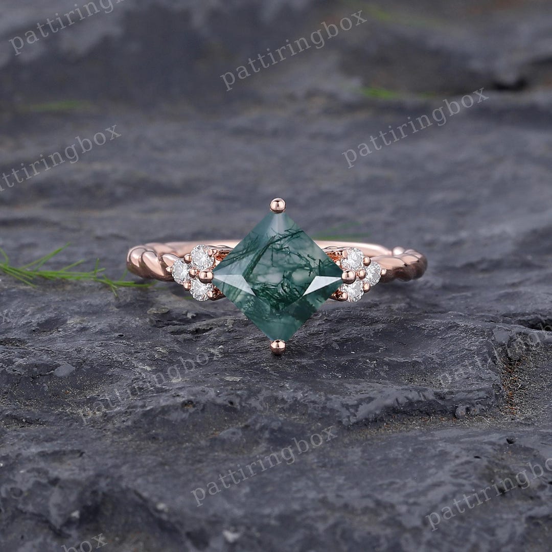 Princess Cut Moss Agate Engagement Ring Vintage Rose Gold 3/4 Eternity ...