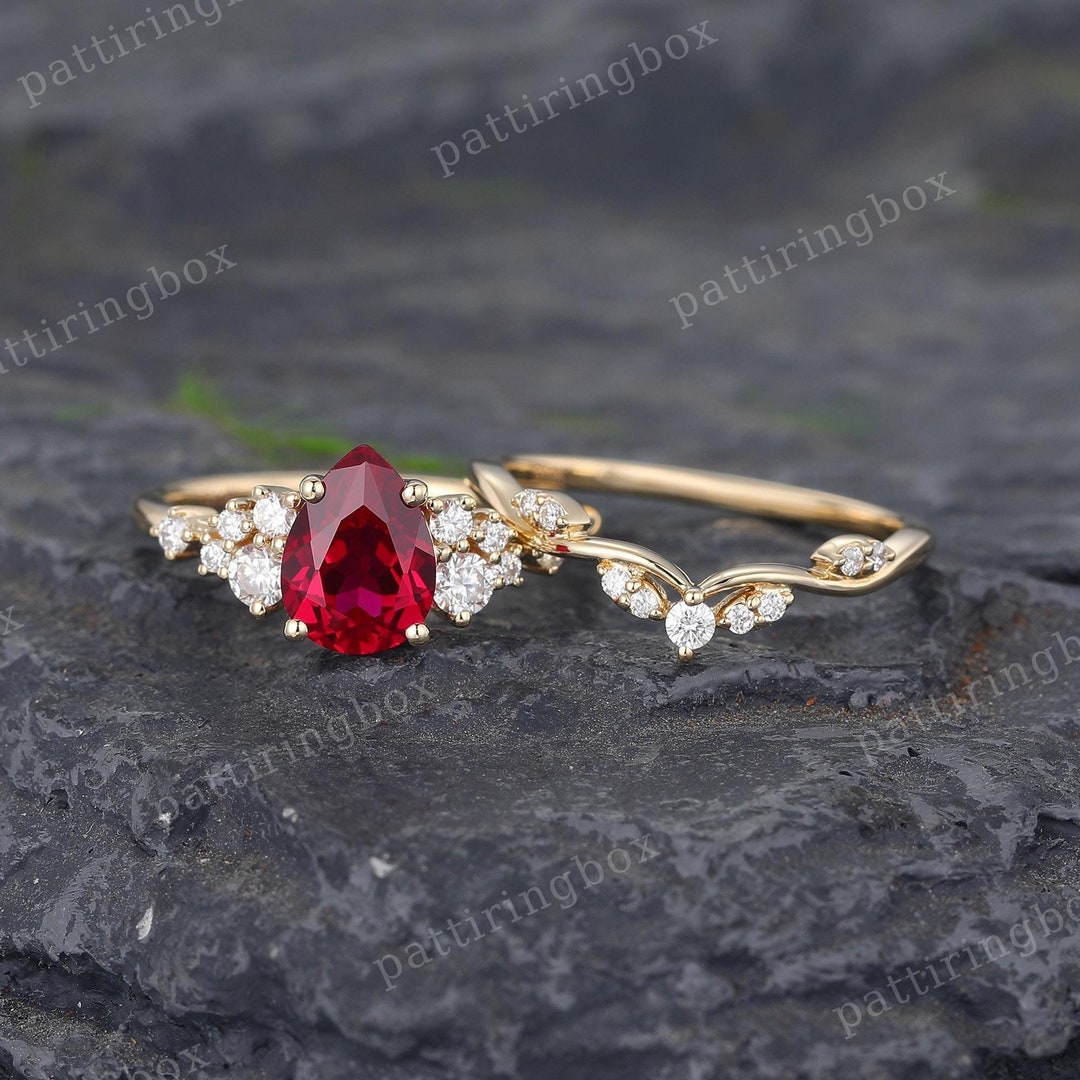 Unique Pear Shaped Ruby Engagement Ring Set Yellow Gold Engagement Ring ...