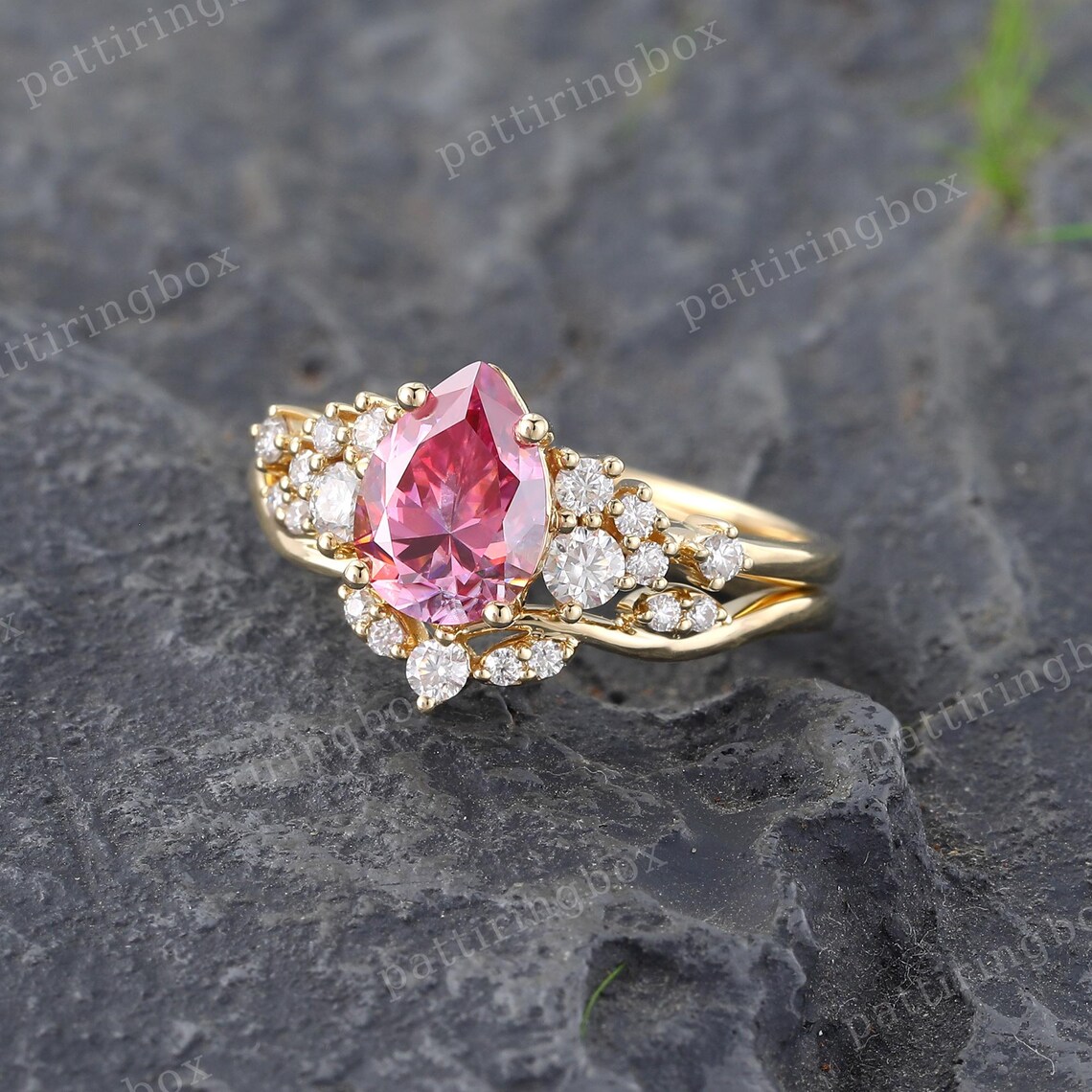 Pear Shaped Pink Moissanite Engagement Ring Set Yellow Gold Engagement ...