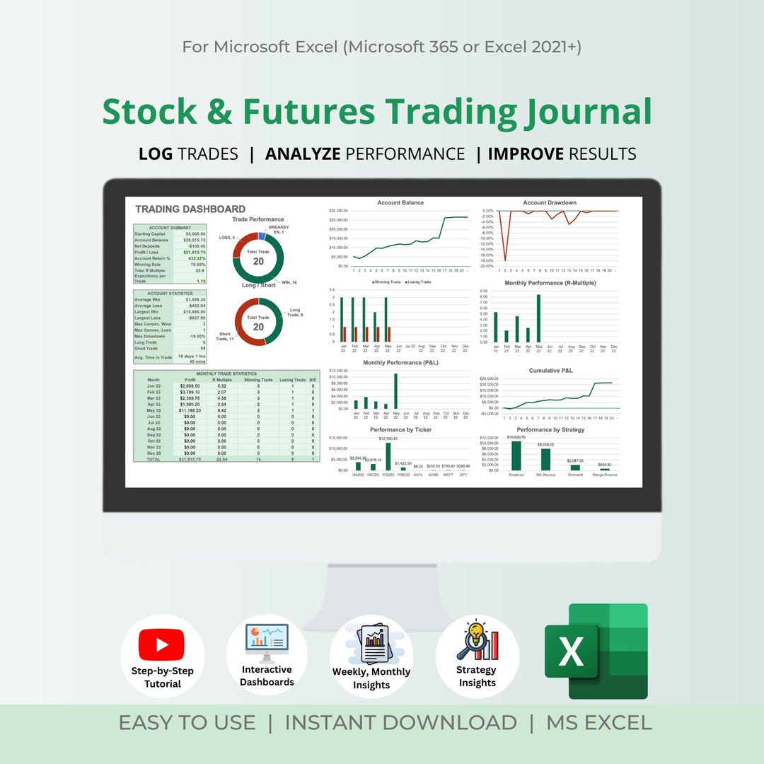 Stock & Futures Trading Journal: Excel Spreadsheet, Trade Analysis ...